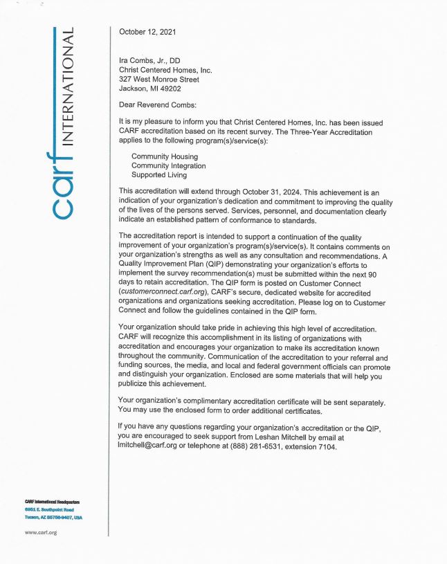 3-Year CARF Accreditation - Christ Centered Homes, Inc.